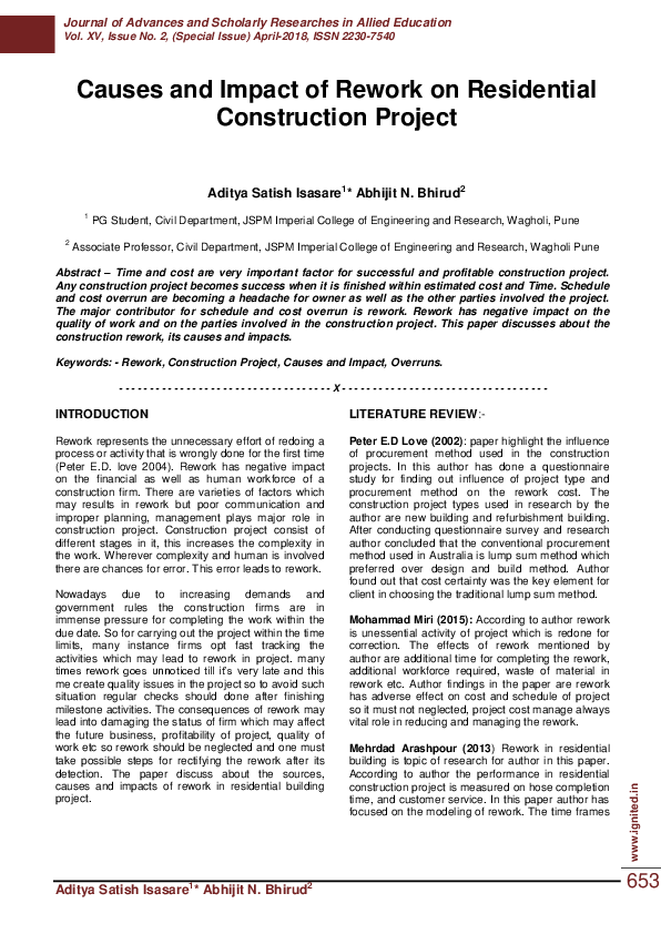 (PDF) Causes and Impact of Rework on Residential Construction Project