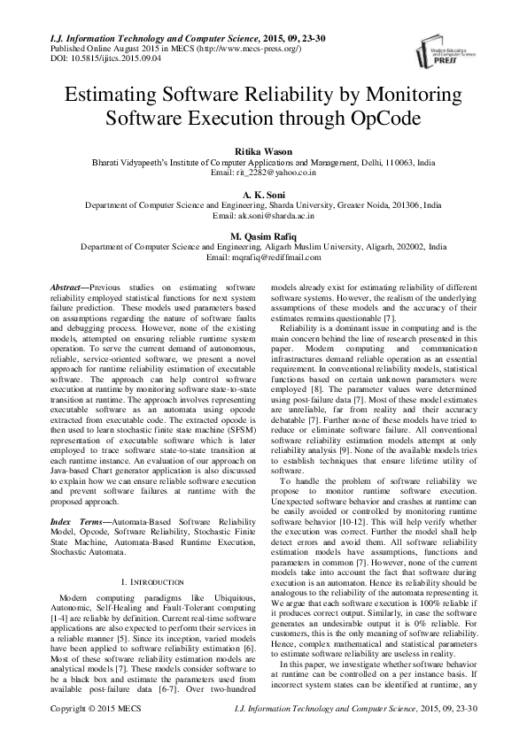 (PDF) Estimating Software Reliability by Monitoring Software Execution through OpCode