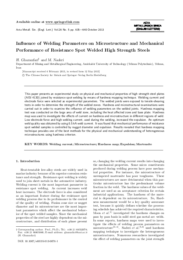 (PDF) Influence of welding parameters on microstructure and mechanical performance of resistance ...
