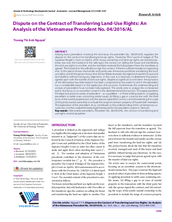 (PDF) Dispute on the Contract of Transferring Land-Use Rights: An ...