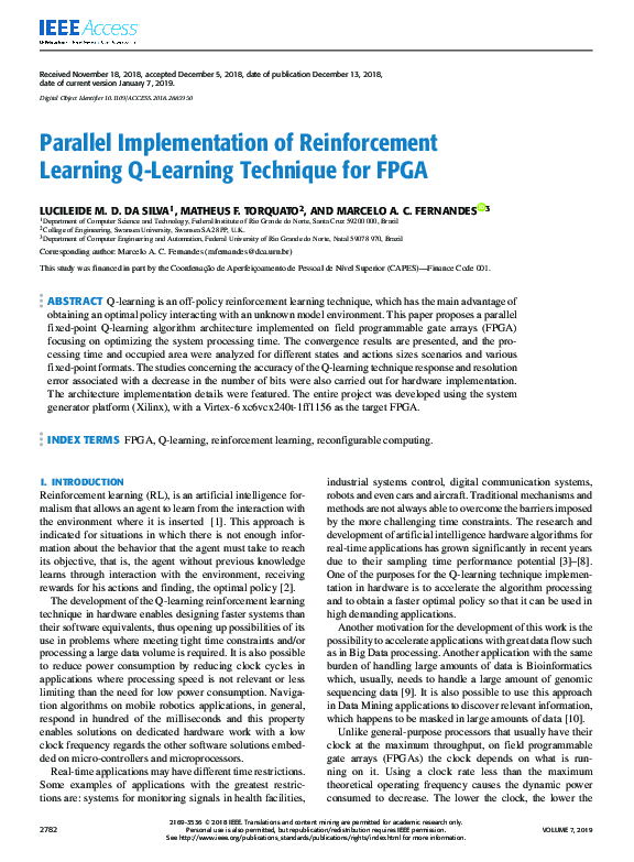 Pdf Parallel Implementation Of Reinforcement Learning Q Learning Technique For Fpga