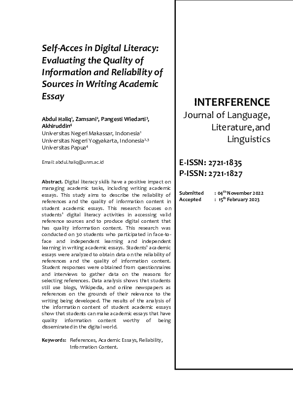 (PDF) Self-Acces in Digital Literacy: Evaluating the Quality of Information and Reliability of ...