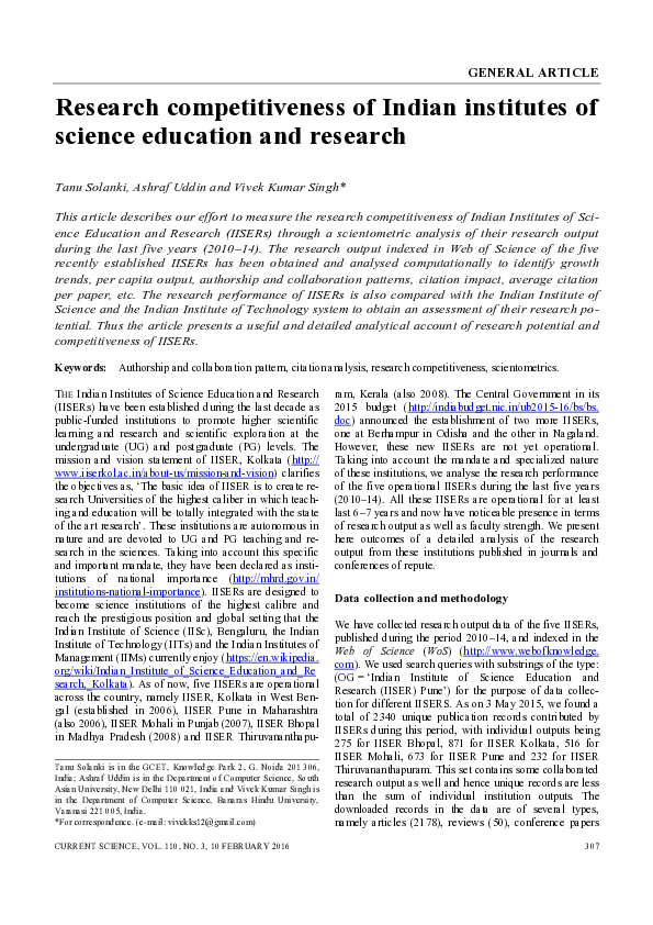 (PDF) Research Competitiveness of Indian Institutes of Science ...