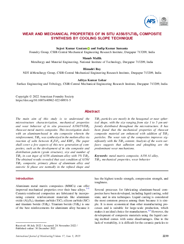 (PDF) Wear and Mechanical Properties of In Situ A356/5%TiB2 Composite Synthesis by Cooling Slope ...