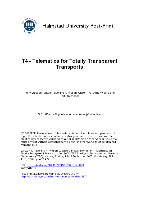 (PDF) T4 - telematics for totally transparent transports | Tony Larsson ...