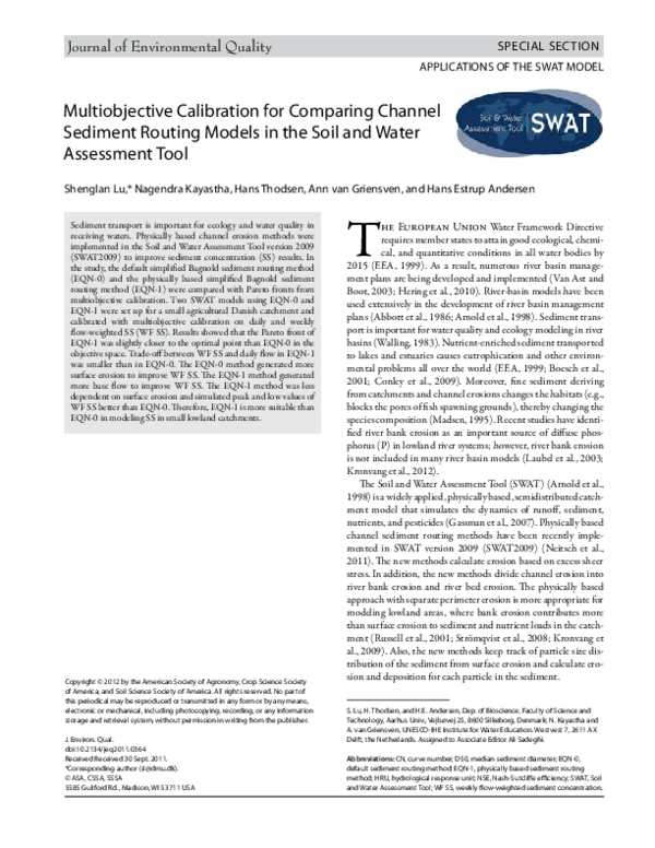 (PDF) Multiobjective Calibration for Comparing Channel Sediment Routing Models in the Soil and ...