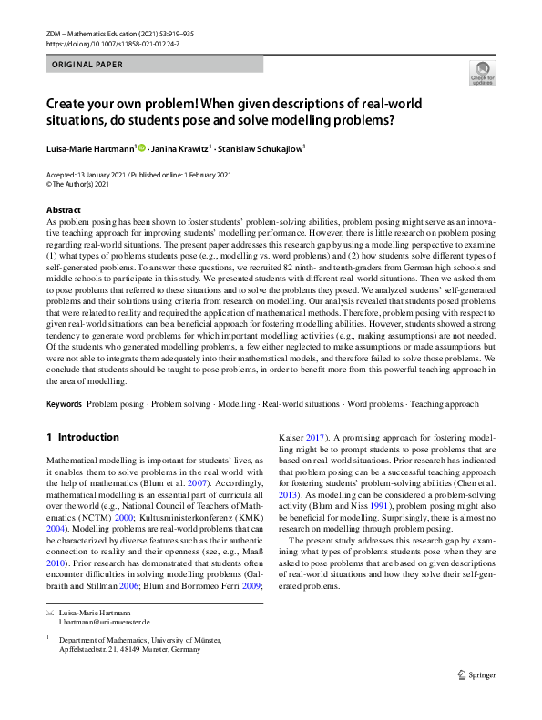 (PDF) Create your own problem! When given descriptions of real-world situations, do students ...