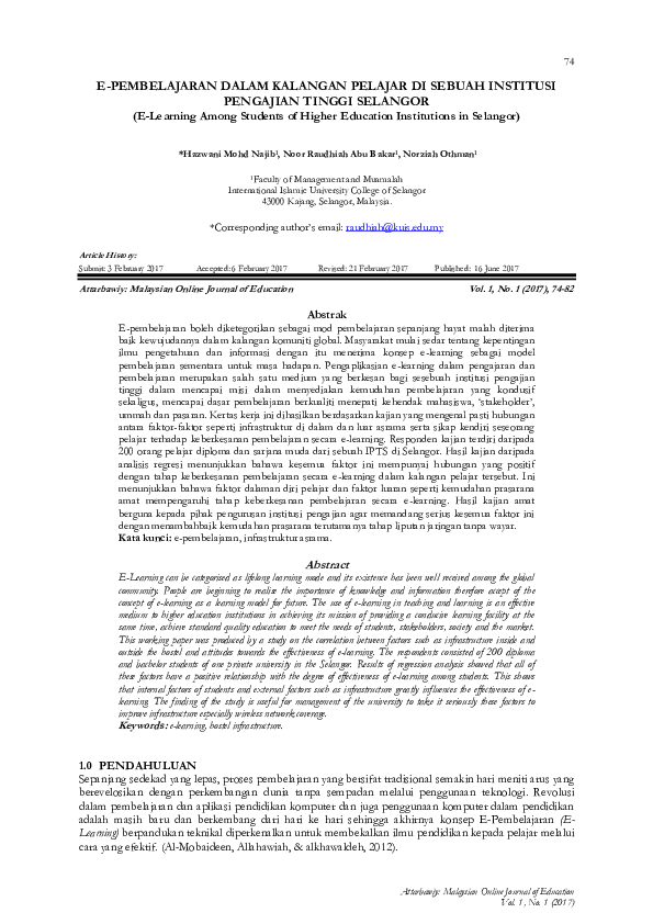 (PDF) E-Pembelajaran Dalam Kalangan Pelajar di Sebuah Institusi Pengajian Tinggi Selangor
