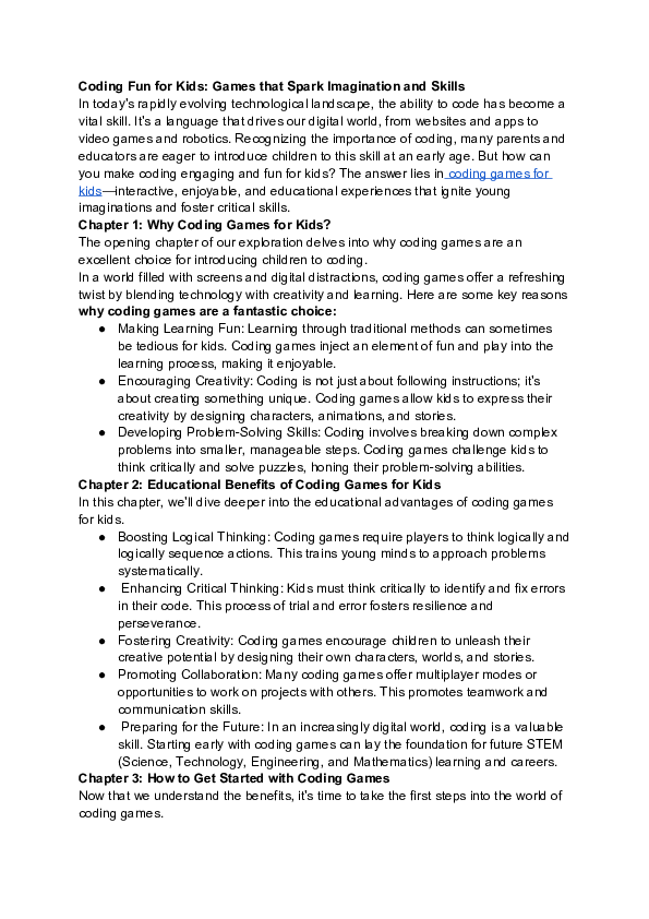 (DOC) Coding Fun for Kids Games that Spark Imagination and Skills