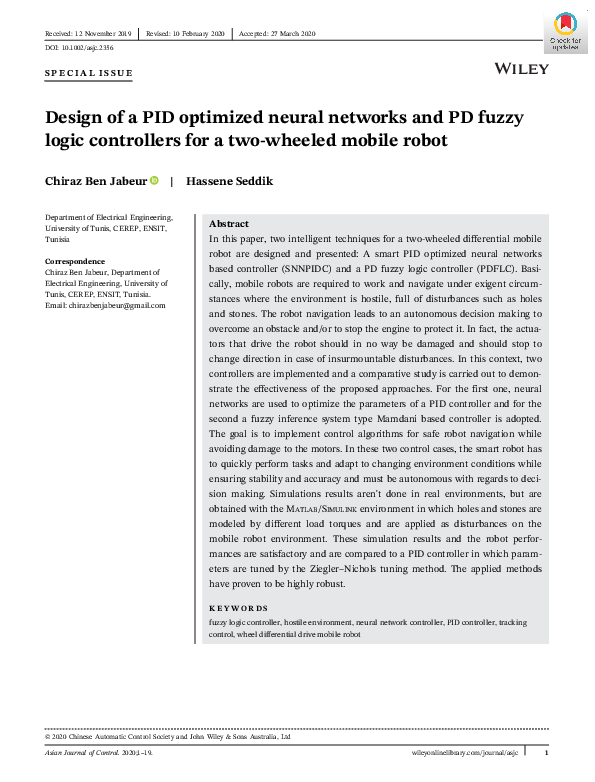 Pdf Design Of A Pid Optimized Neural Networks And Pd Fuzzy Logic Controllers For A Two‐wheeled