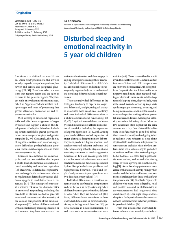 (PDF) Disturbed sleep and emotional reactivity in 5-year-old children