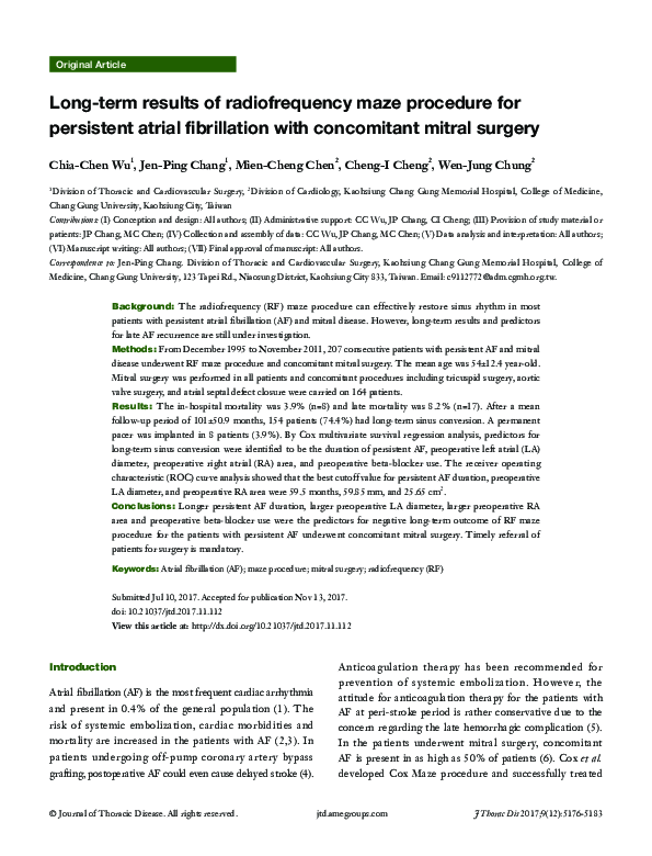 (PDF) Long-term results of radiofrequency maze procedure for persistent atrial fibrillation with ...
