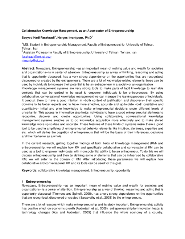 (PDF) Collaborative Knowledge Management, as an Accelerator of Entrepreneurship