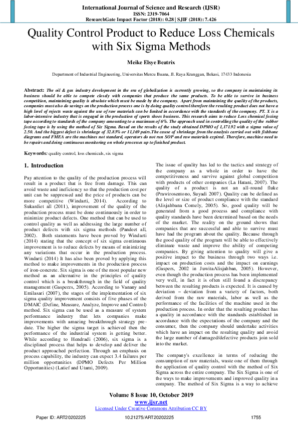 (PDF) Quality Control Product to Reduce Loss Chemicals with Six Sigma ...
