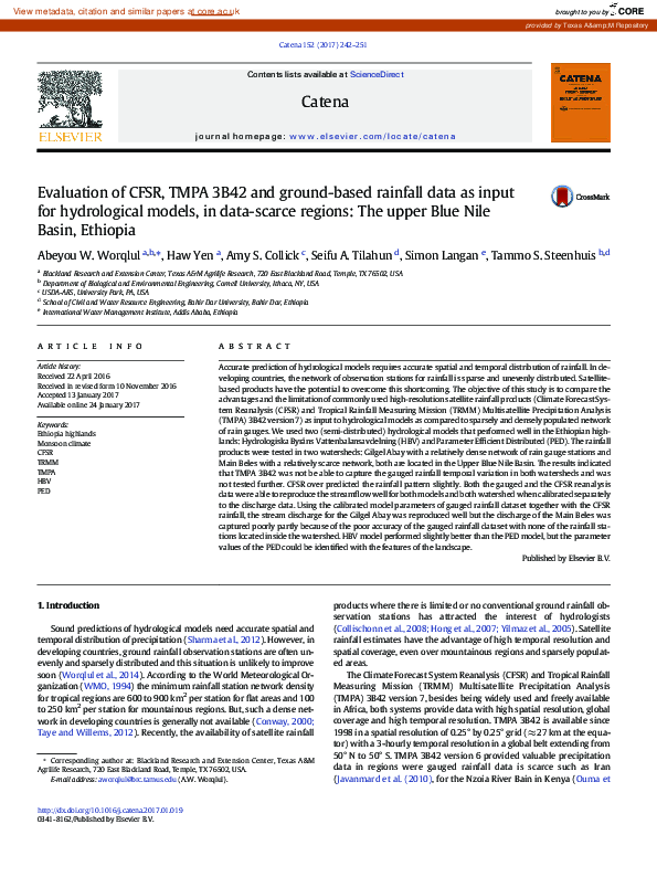 (PDF) Evaluation of CFSR, TMPA 3B42 and ground-based rainfall data as ...
