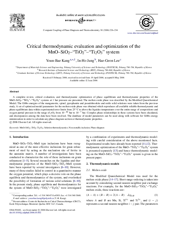 Pdf Critical Thermodynamic Evaluation And Optimization Of The Mno Sio2 “ Tio2 ” “ Ti2o3 ” System