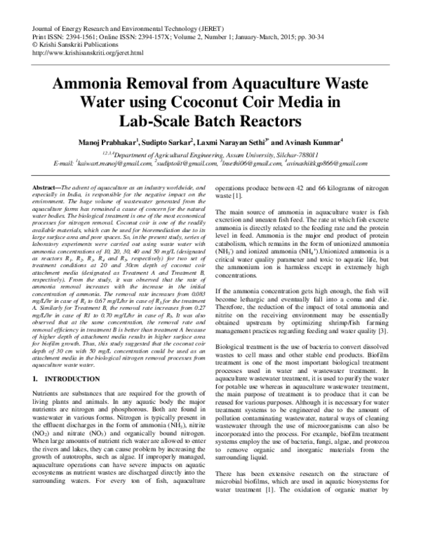 (PDF) Ammonia Removal from Aquaculture Waste Water using Ccoconut Coir Media in Lab-Scale Batch ...