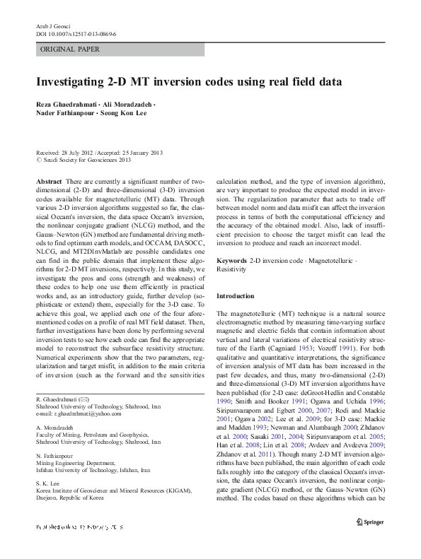 (PDF) Investigating 2-D MT inversion codes using real field data | Reza Ghaedrahmati and Seong ...