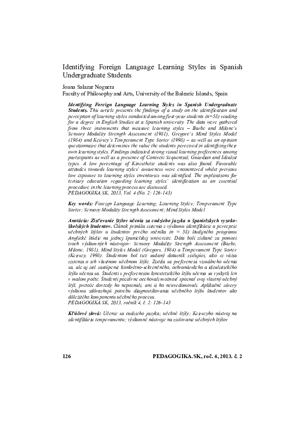 (PDF) Identifying Foreign Language Learning Styles in Spanish ...