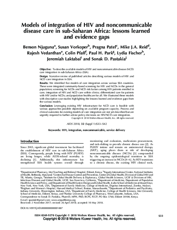 (PDF) Models of integration of HIV and noncommunicable disease care in ...