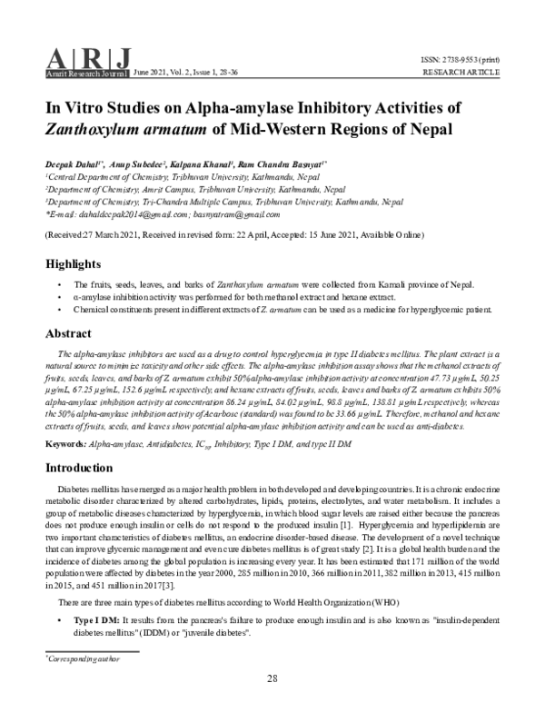 (PDF) In Vitro Studies on Alpha-amylase Inhibitory Activities of Zanthoxylum armatum of Mid ...
