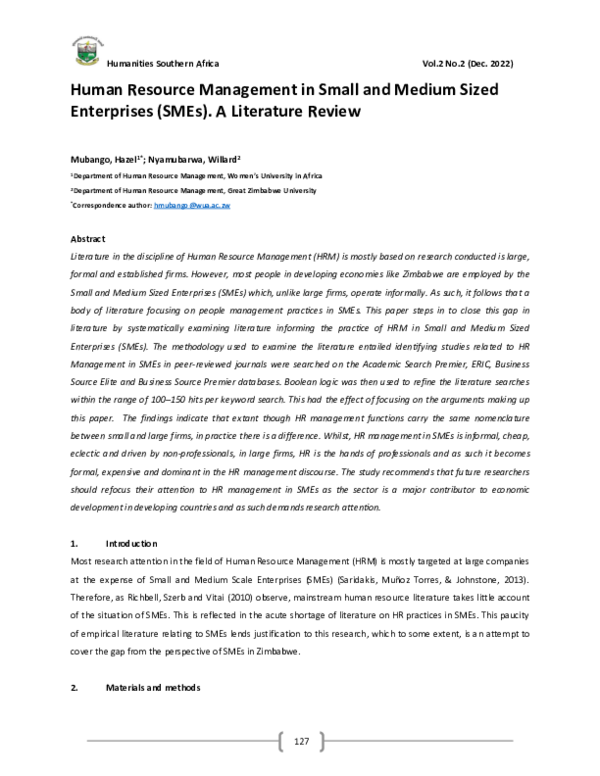 (PDF) Human Resource Management in Small and Medium Sized Enterprises (SMEs). A Literature Review