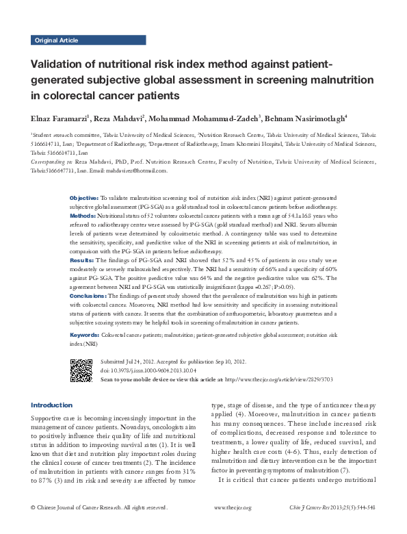 (PDF) Validation of nutritional risk index method against patient-generated subjective global ...