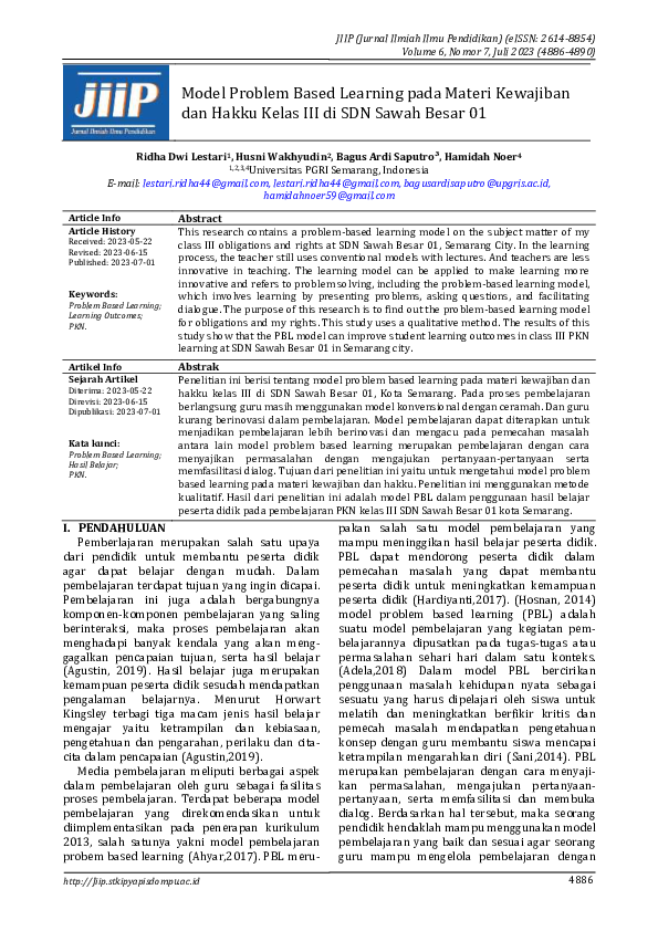 (PDF) Model Problem Based Learning pada Materi Kewajiban dan Hakku Kelas III di SDN Sawah Besar 01