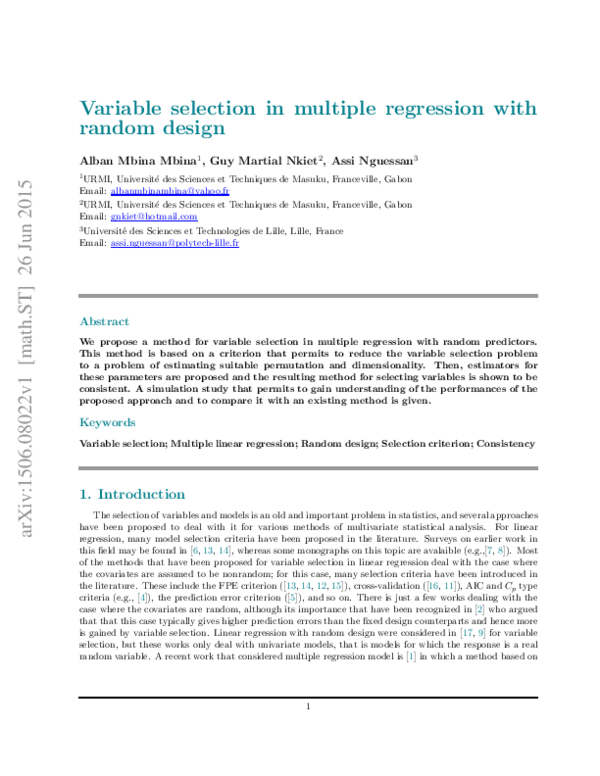 Pdf Variable Selection In Multiple Regression With Random Design Assi Nguessan
