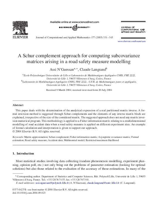 (PDF) A Schur complement approach for computing subcovariance matrices arising in a road safety ...