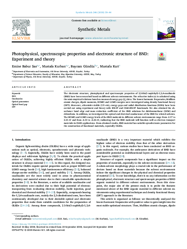 (PDF) Photophysical, spectroscopic properties and electronic structure of BND: Experiment and theory