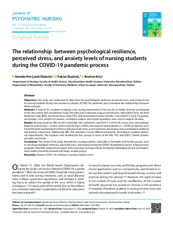 (PDF) The relationship between psychological resilience, perceived stress and anxiety levels of ...