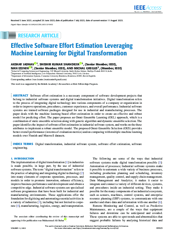 (PDF) Effective Software Effort Estimation Leveraging Machine Learning for Digital Transformation