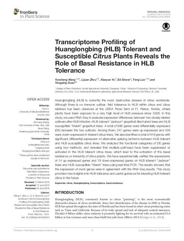(PDF) Transcriptome Profiling of Huanglongbing (HLB) Tolerant and ...