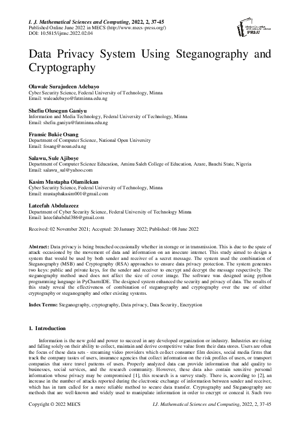 (PDF) Data Privacy System Using Steganography and Cryptography