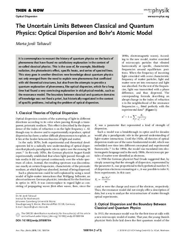(PDF) The Uncertain Limits Between Classical and Quantum Physics: Optical Dispersion and Bohr's ...