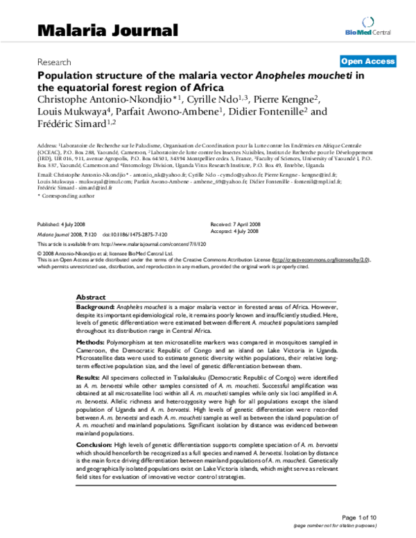 (PDF) Malaria Journal Population structure of the malaria vector ...