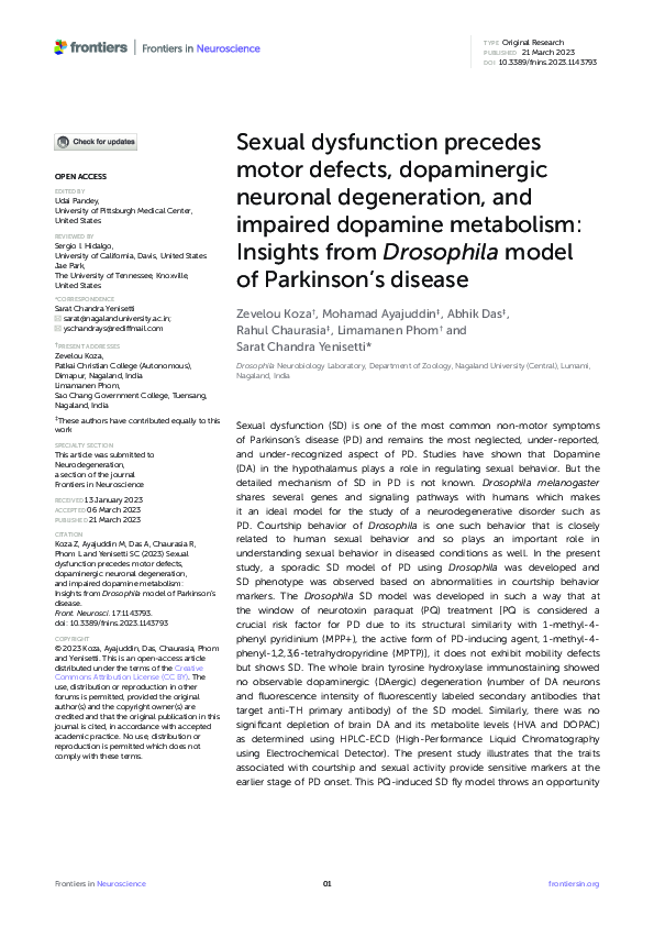 Pdf Sexual Dysfunction Precedes Motor Defects Dopaminergic Neuronal Degeneration And