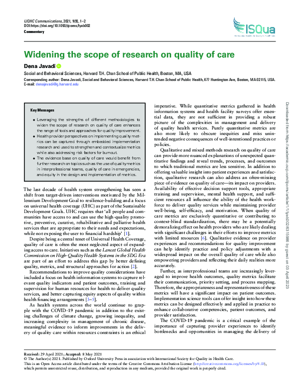(PDF) Widening the scope of research on quality of care