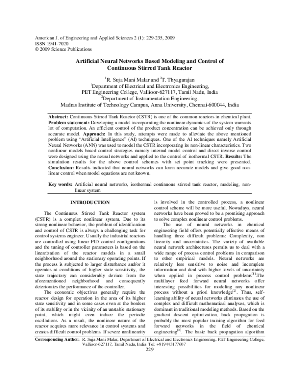(PDF) Artificial Neural Networks Based Modeling and Control of Continuous Stirred Tank Reactor ...