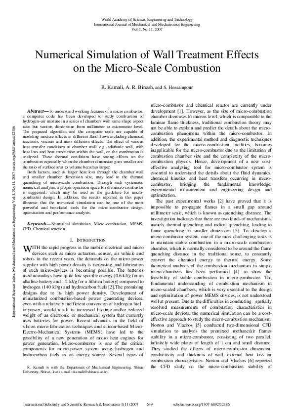 (PDF) Numerical Simulation Of Wall Treatment Effects On The Micro-Scale Combustion
