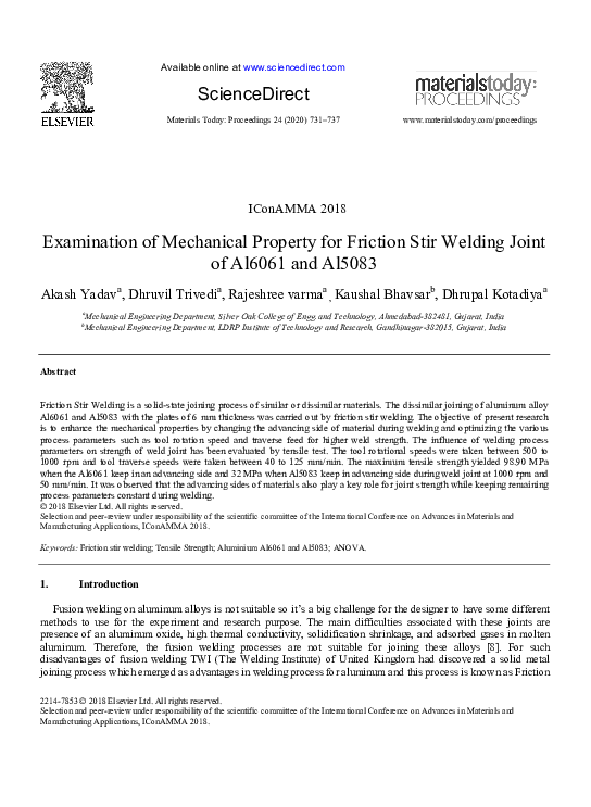 (PDF) Examination of Mechanical Property for Friction Stir Welding Joint of Al6061 and Al5083