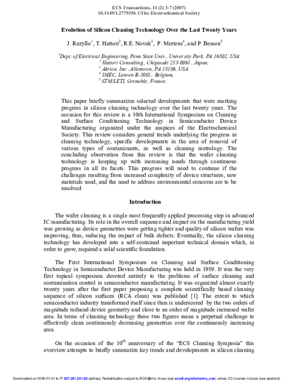 (PDF) Evolution of Silicon Cleaning Technology Over the Last Twenty Years