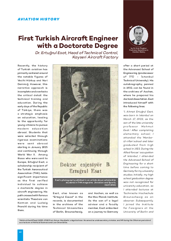 (PDF) First Turkish Aircraft Engineer with a Doctorate Degree: Dr ...