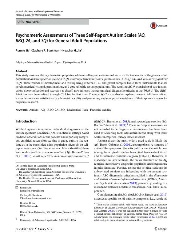 (PDF) Psychometric Assessments of Three Self-Report Autism Scales (AQ, RBQ-2A, and SQ) for ...