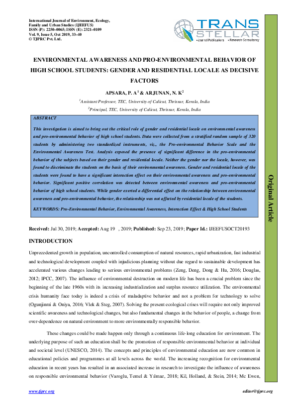 (PDF) ENVIRONMENTAL AWARENESS AND PRO-ENVIRONMENTAL BEHAVIOR OF HIGH ...