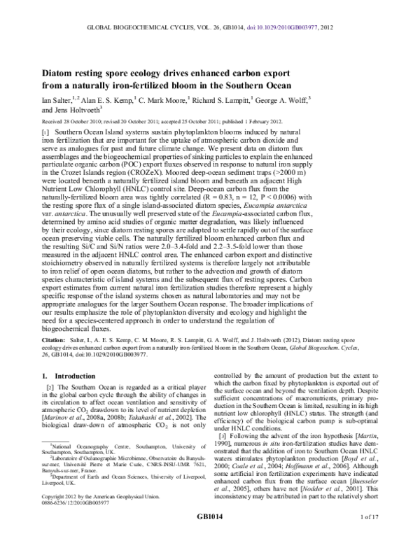 (PDF) Diatom resting spore ecology drives enhanced carbon export from a ...