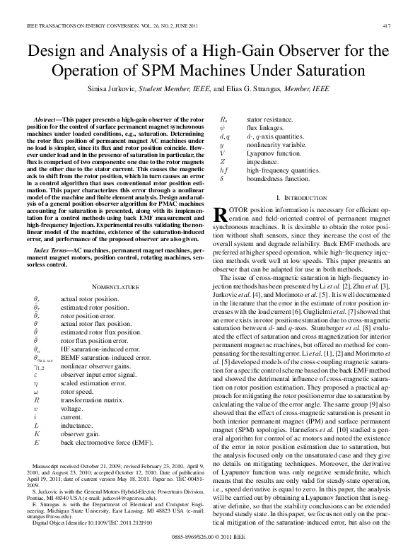 Pdf Design And Analysis Of A High Gain Observer For The Operation Of Spm Machines Under Saturation