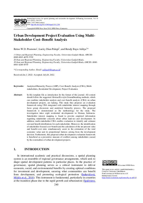 (PDF) Urban Development Project Evaluation Using Multi-Stakeholder Cost–Benefit Analysis | Rendy ...