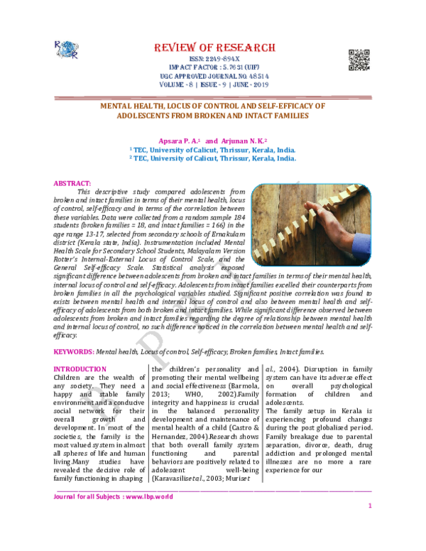 (PDF) MENTAL HEALTH, LOCUS OF CONTROL AND SELF-EFFICACY OF ADOLESCENTS ...